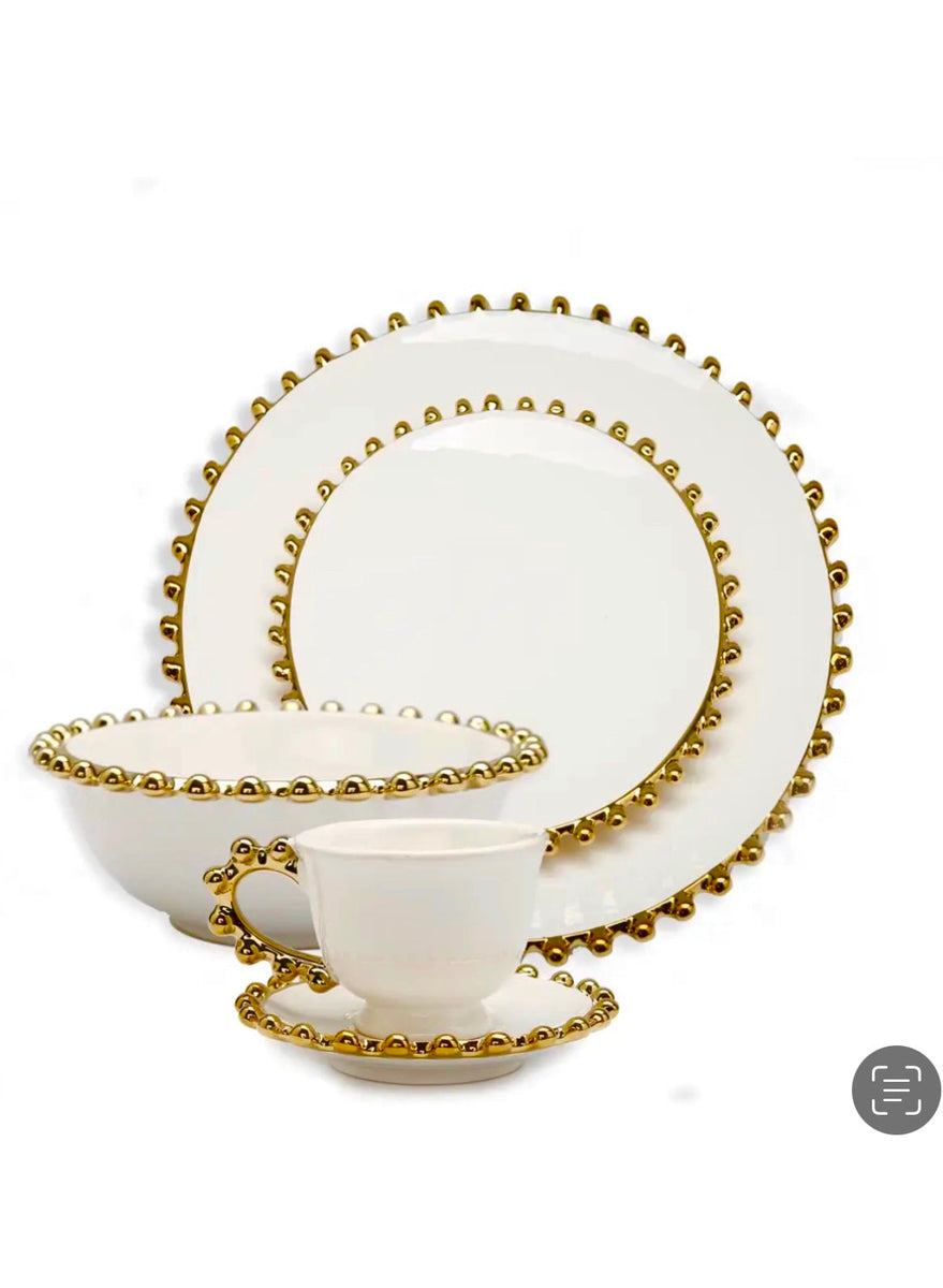 5 Piece White Dinner Set Gold Beaded Border – Passion For Home Decor