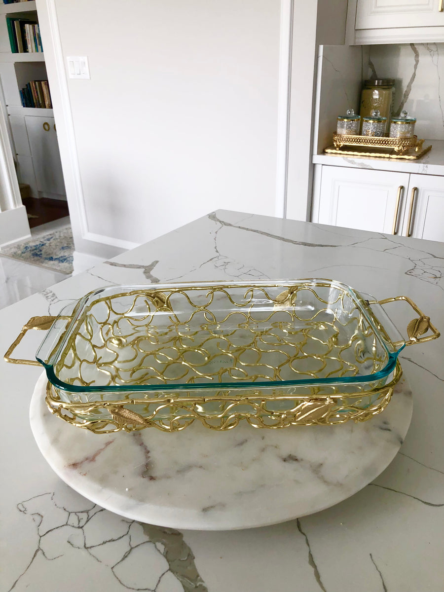 Rectangular Handled Gold Pyrex Holder with Leaf Design – Passion For ...